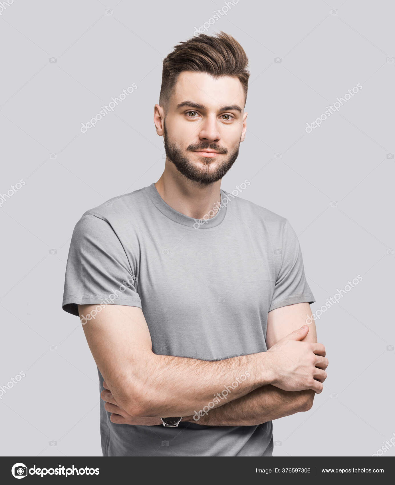 Portrait Handsome Smiling Young Man Folded Arms Smiling Joyful Cheerful ...