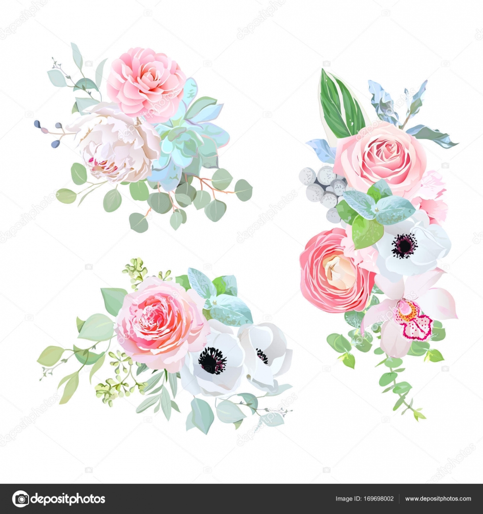 Elegant bouquets of wedding flowers vector design set. Stock Vector by ...