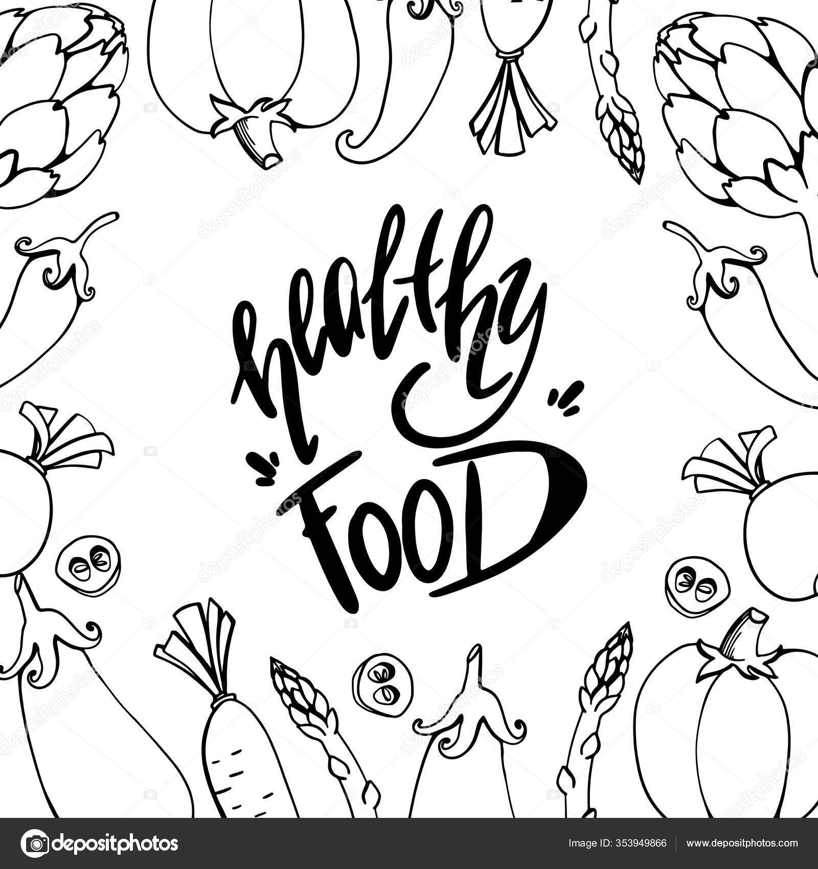 Mão Lettering Comida Saudável Com Quadro Legumes Quadrado Bonito Arte ...