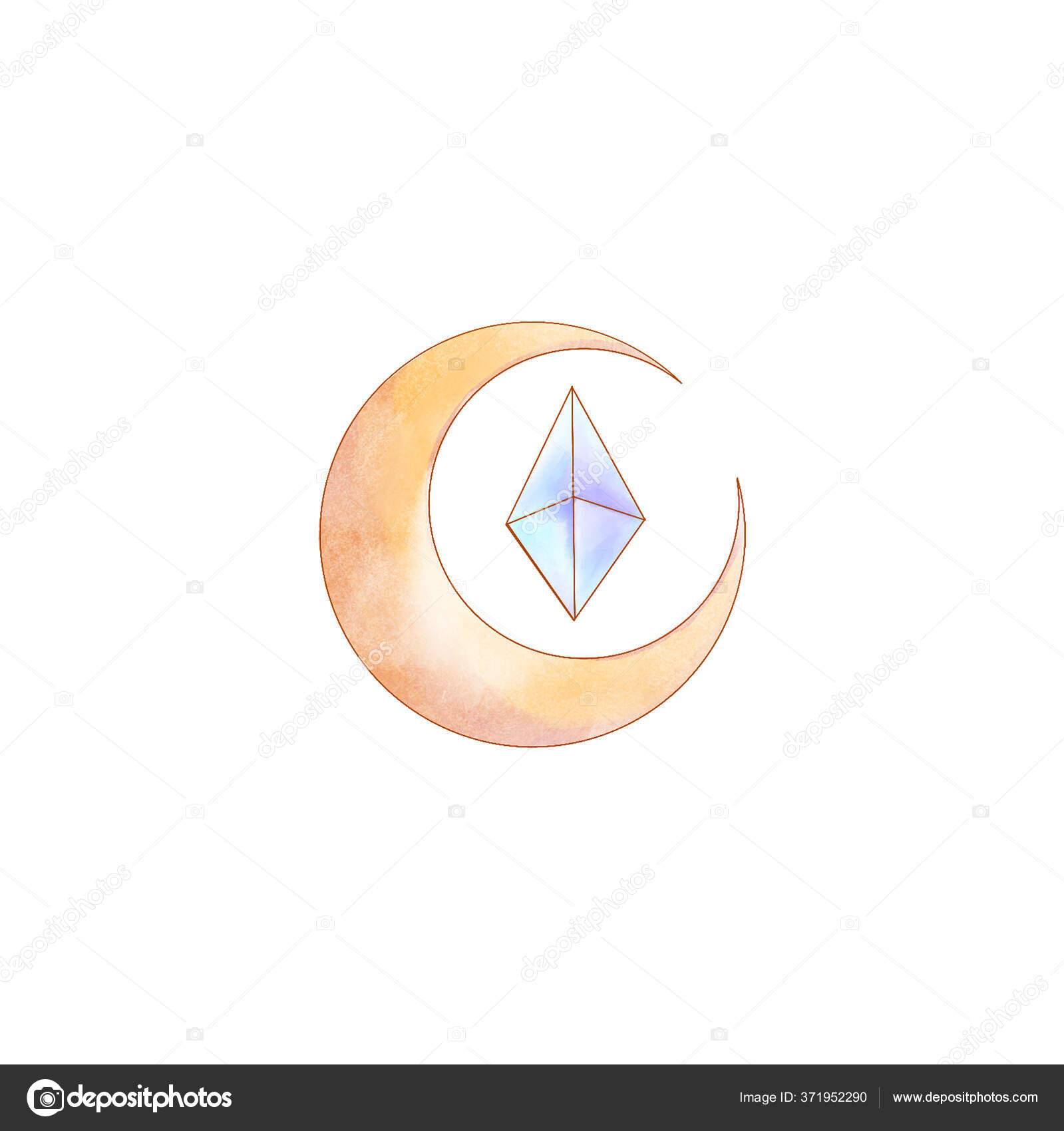 Watercolor Mystical Occult Moon Crystal Golden Outline Digital Texture ...