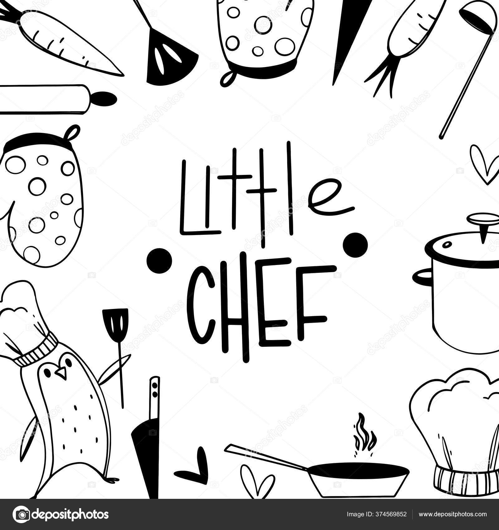 Cute Kitchen Square Card Inscription Little Chef Doodle Art Outline ...