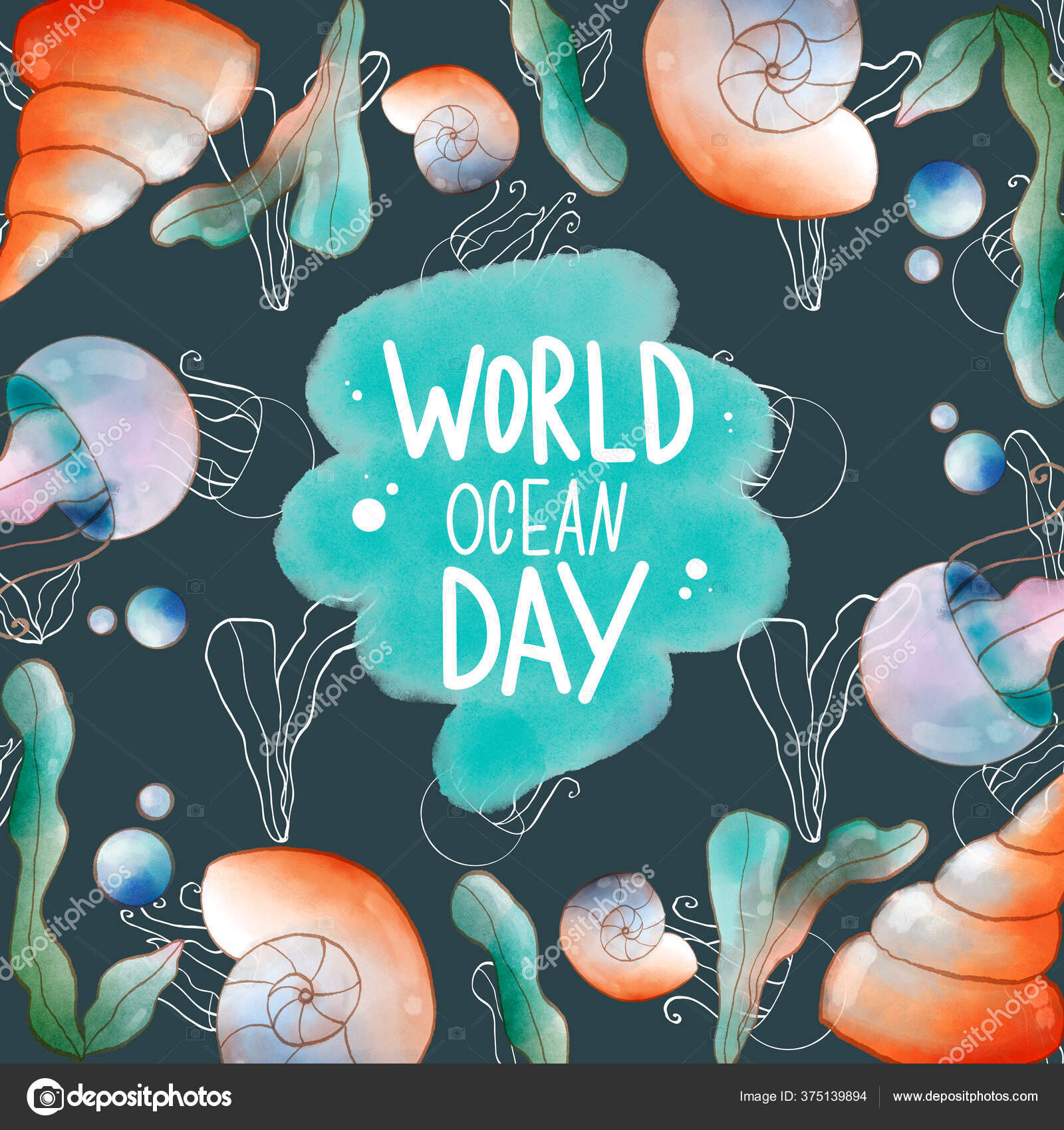Cute Square Postcard Marine Lettering World Ocean Day Texture Digital ...
