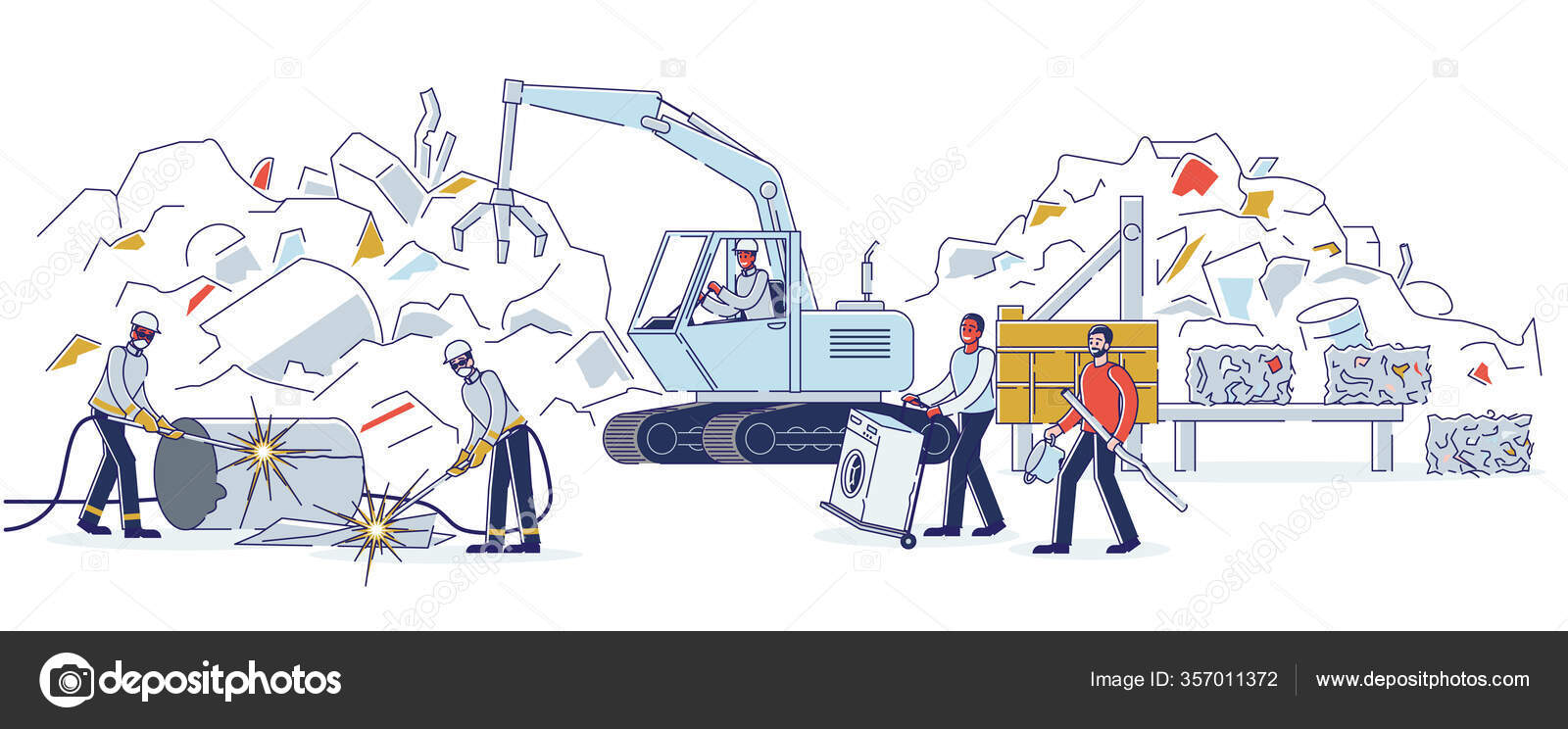Scrap Metal Concept. Workers Work On Junkyard, Sorting Piles Of Scrap ...