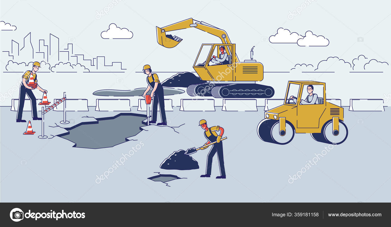 Concept Of Road Works. Workers Repair Road Surface. People Work With ...