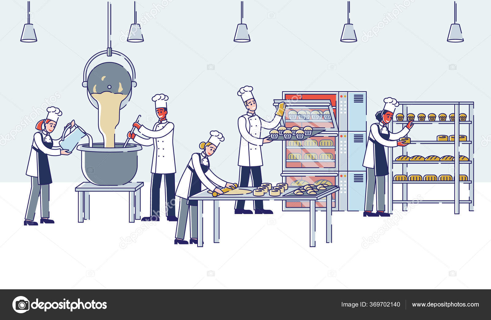 Concept Of Modern Manufacturing Process In Bakery. People Kneading ...