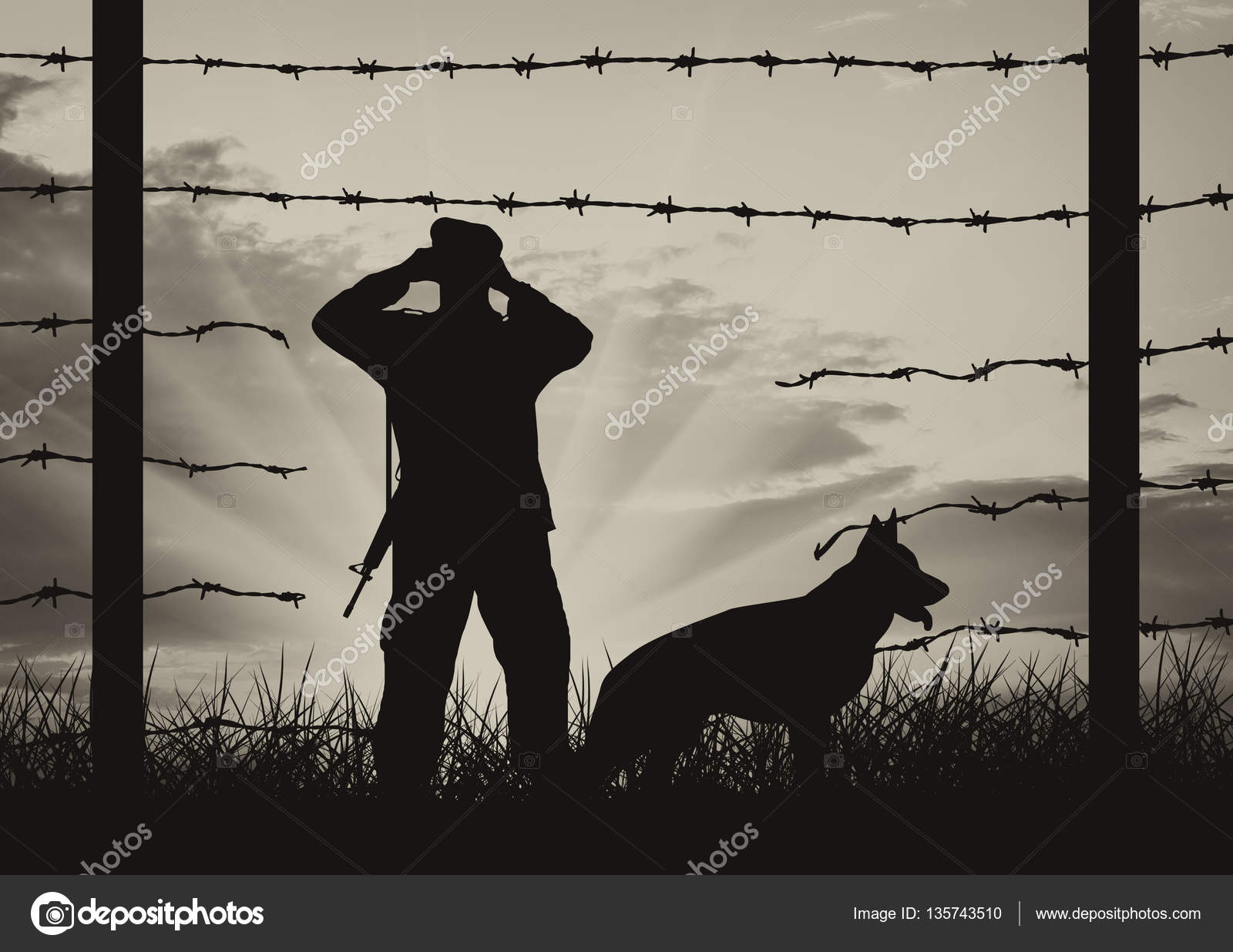 Hole in fence on border and border guards with dog Stock Photo by ...