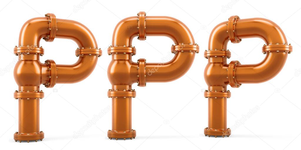 Letra P de tubos de cobre, representación 3D aislada sobre fondo blanco ...