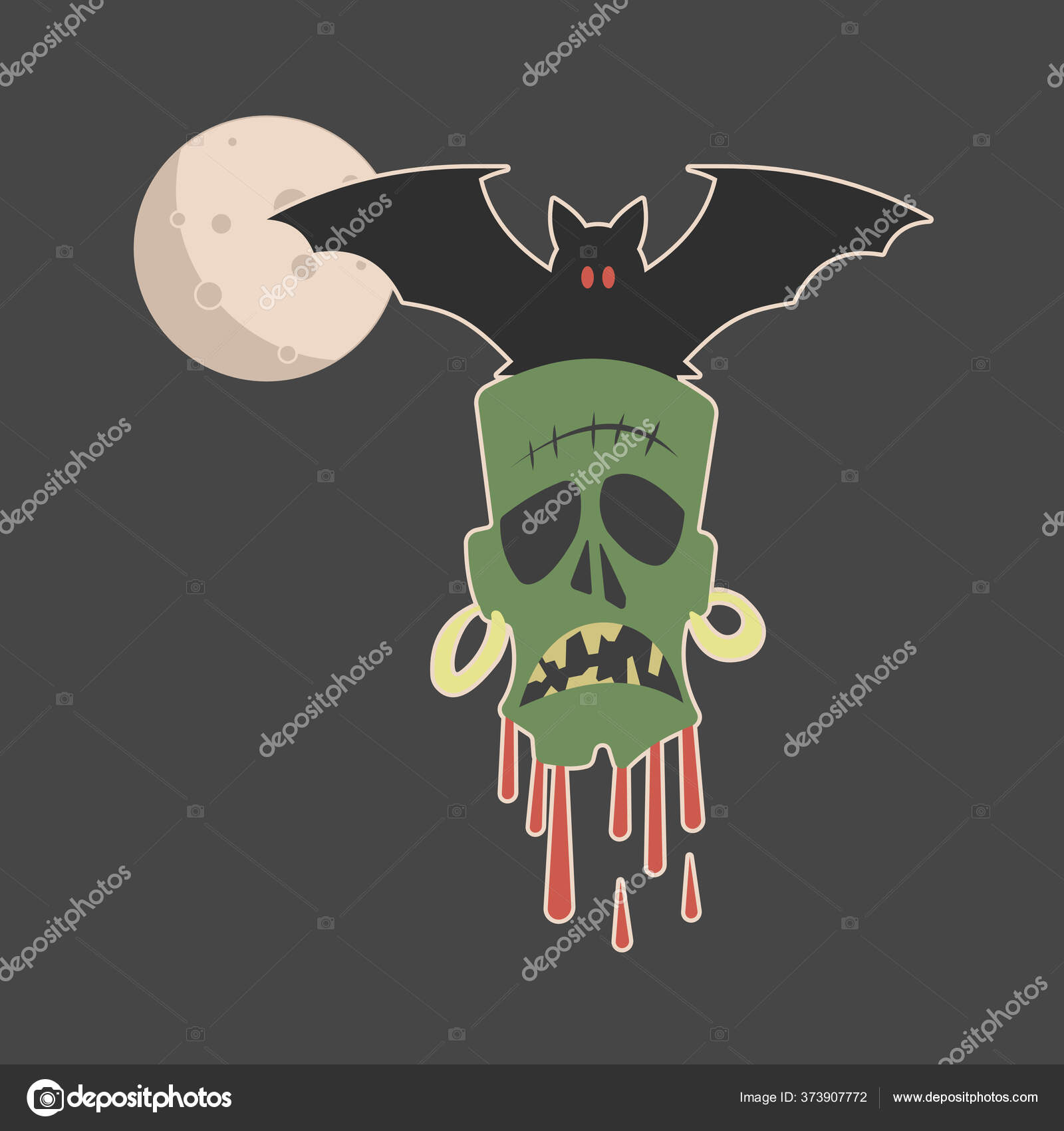 Cartoon Spooky Halloween Bat Carrying Zombie Head Moonlight Stock ...