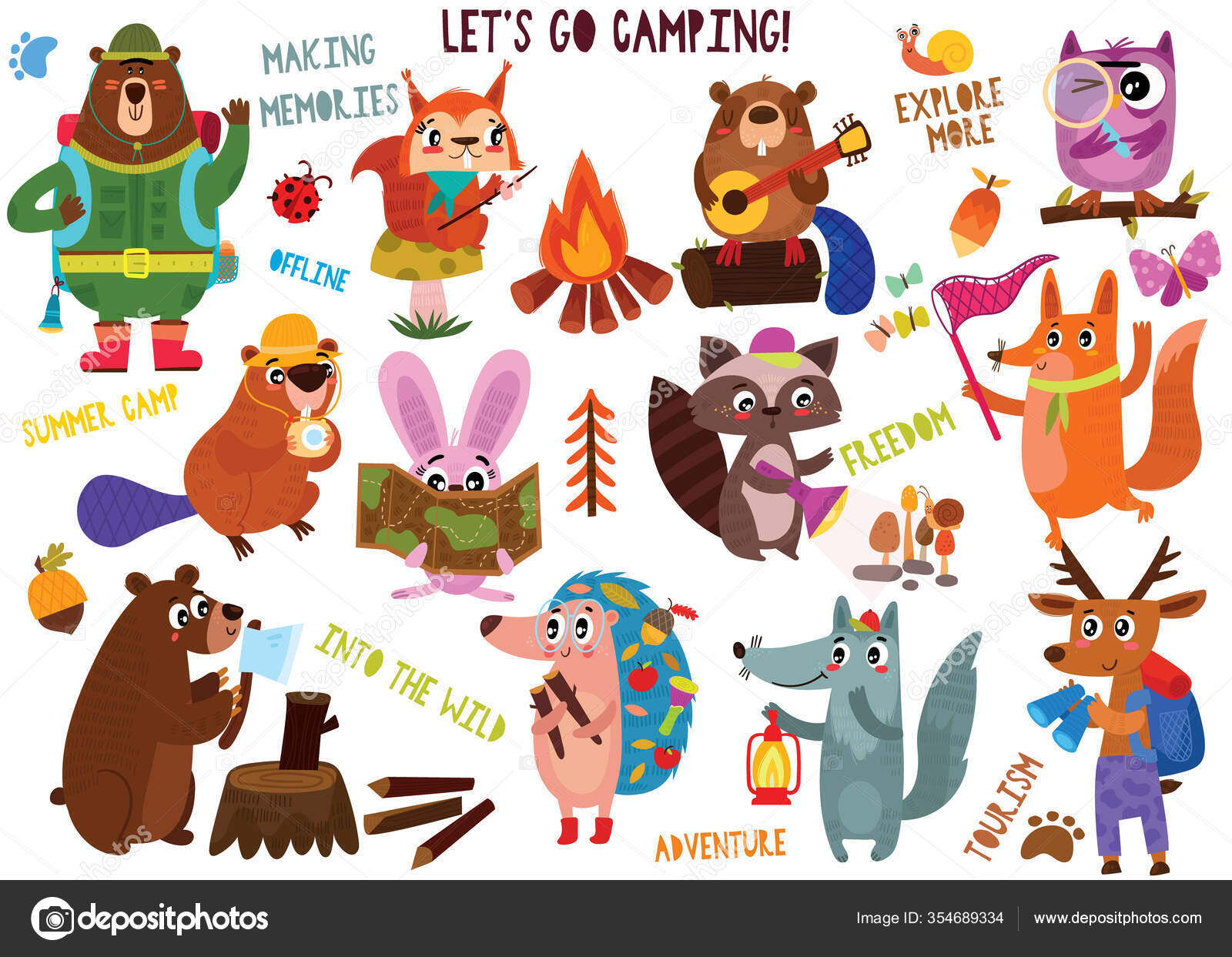 Big Collection Cute Camping Animals Hand Drawn Style Set Woodland ...