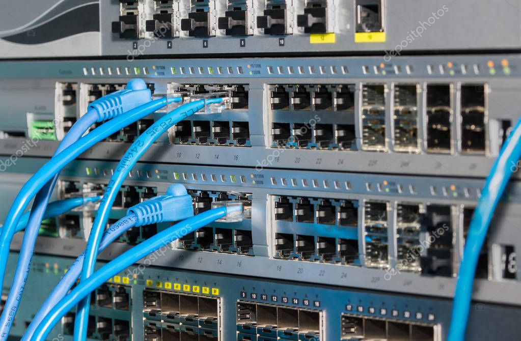 Telecommunications rack with switches and patch cords — Stock Photo ...