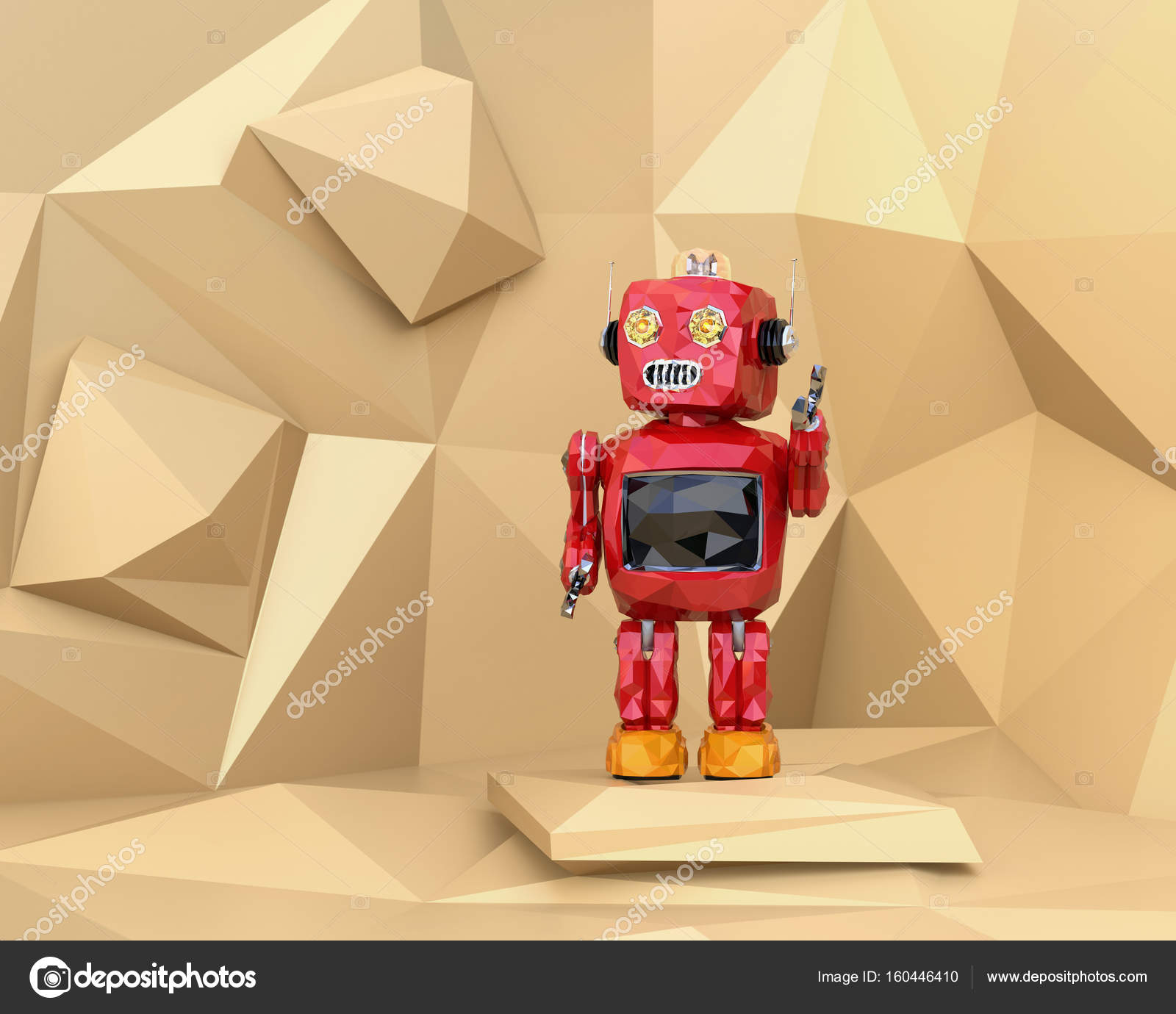 Red low poly robot in pastel yellow polygonal background Stock ...