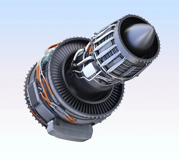 Cross section of turbofan jet engine isolated on light blue background ...