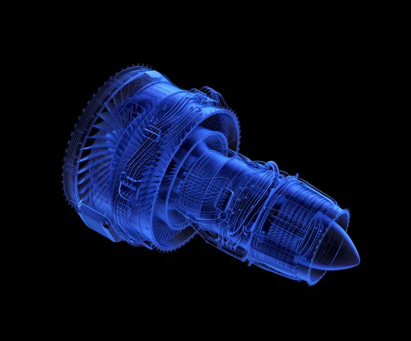 Side view of turbofan jet engine's cross section wireframe isolated on ...