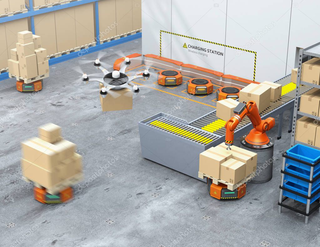 Modern warehouse equipped with robotic arm, drone and robot carriers ...