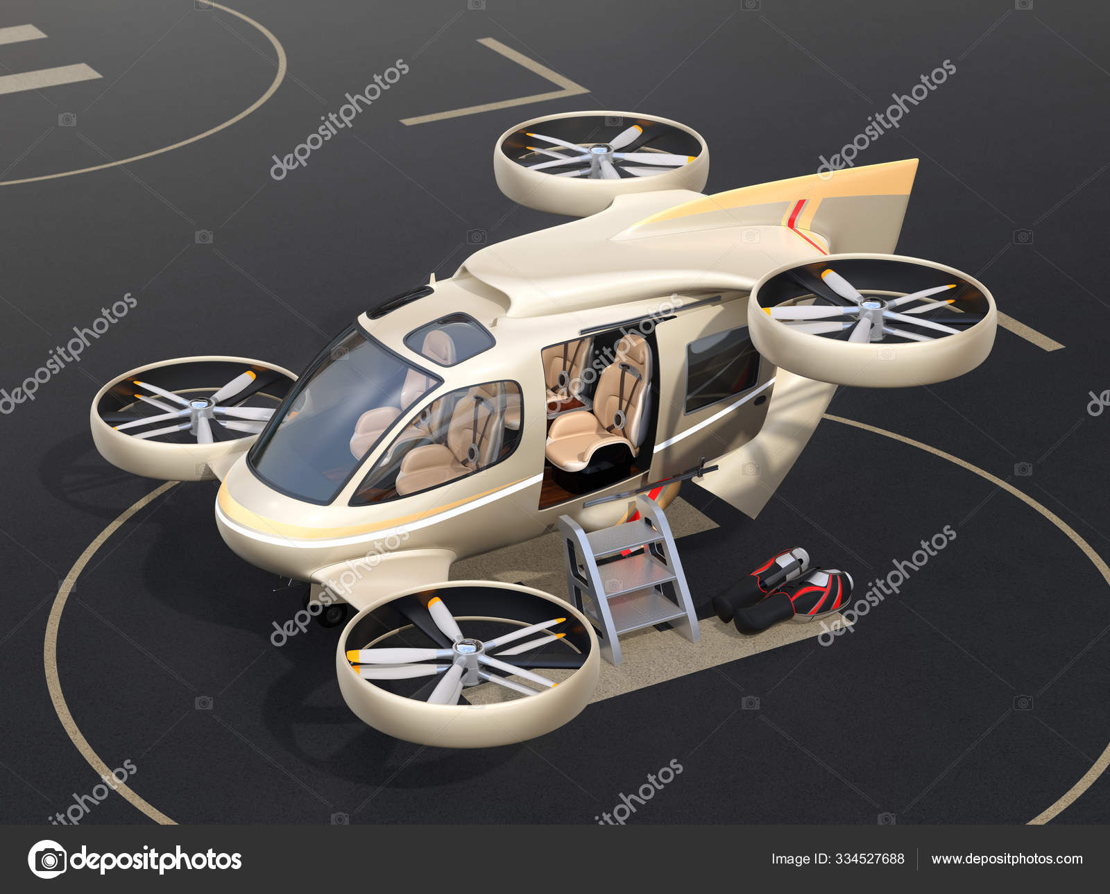 Metallic Golden Flying Car Air Taxi Parking Drone Port Rendering — 스톡 ...
