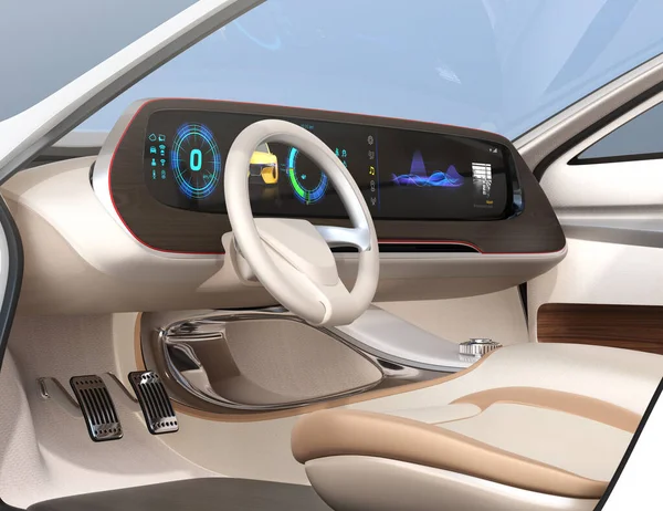 Close-up view of self-driving electric car's dashboard. Wide digital ...