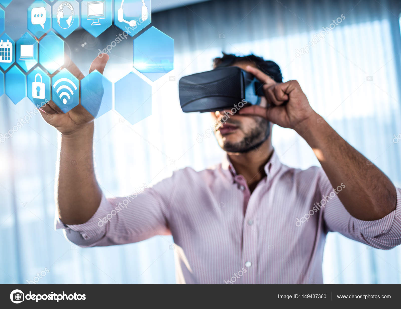 Man wearing VR Virtual Reality Headset with Interface Stock Photo by ...