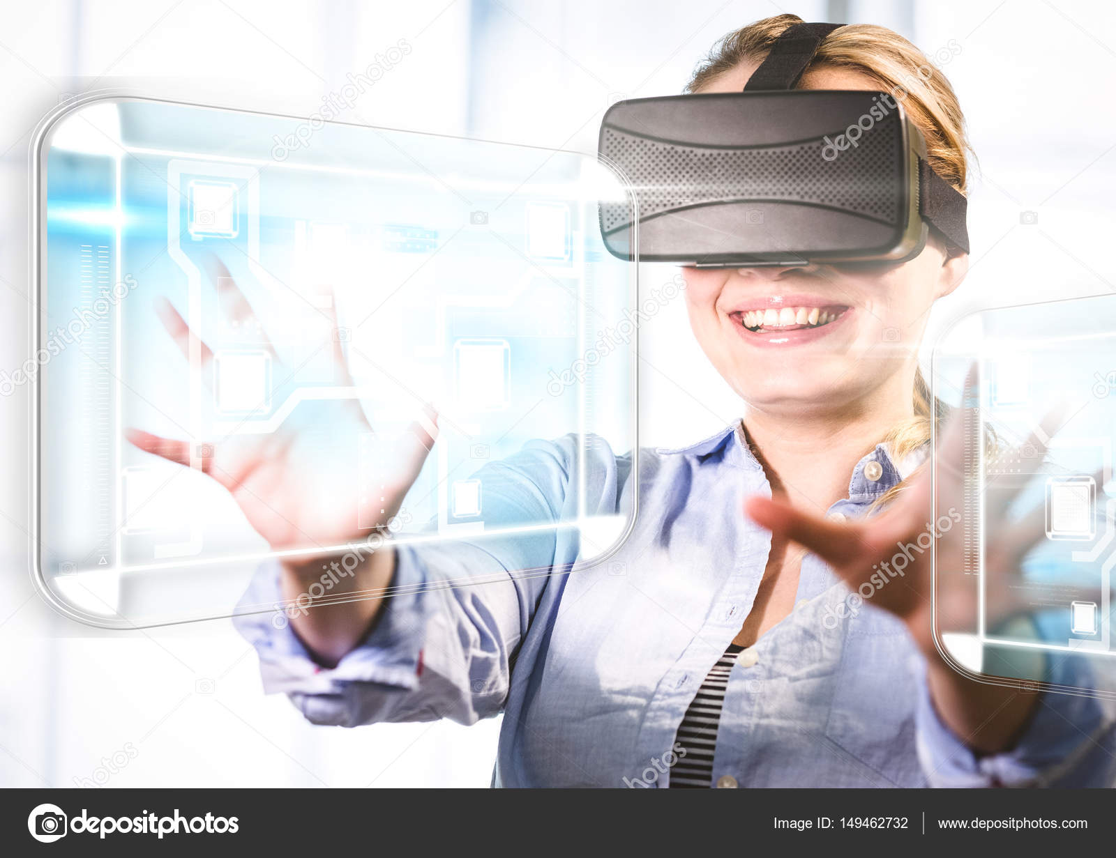 Woman wearing VR Virtual Reality Headset with Interface Stock Photo by ...
