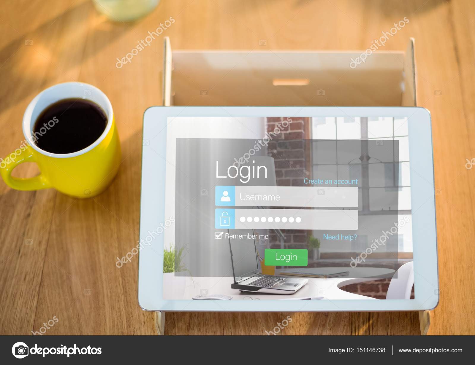 Tablet with login screen in a table with coffee Stock Photo by ...