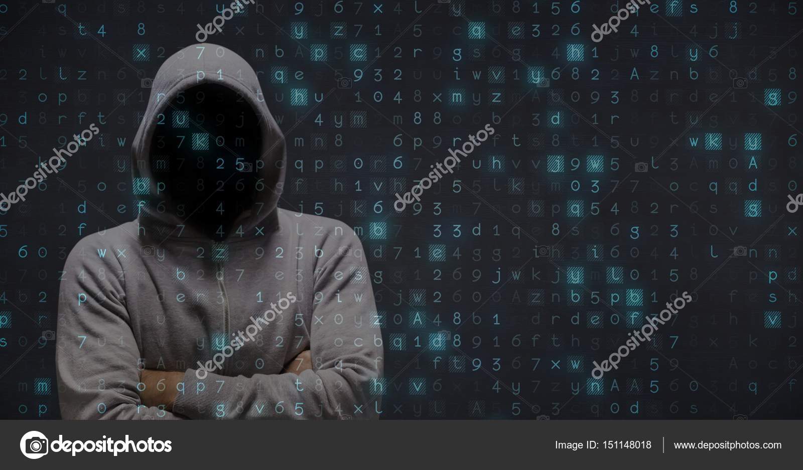 Hacker standing arms crossed against screen — Stock Photo ...