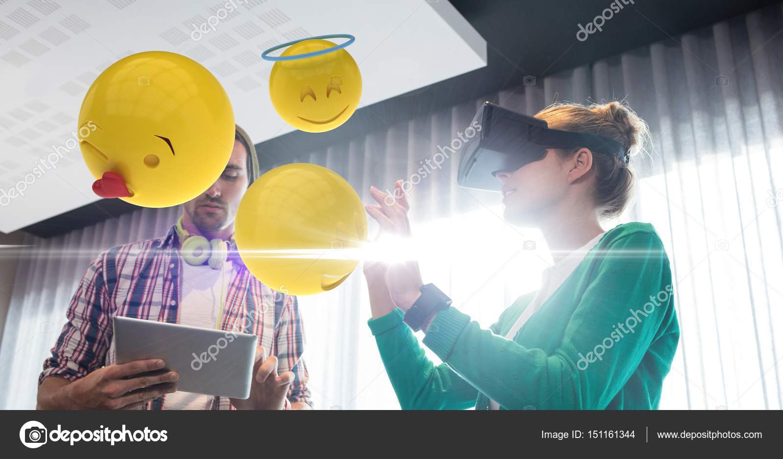 Emojis flying by couple using VR glasses — Stock Photo ...
