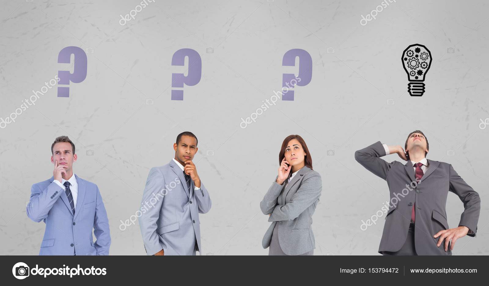 Business people with question marks and light bulb signs on wall ...