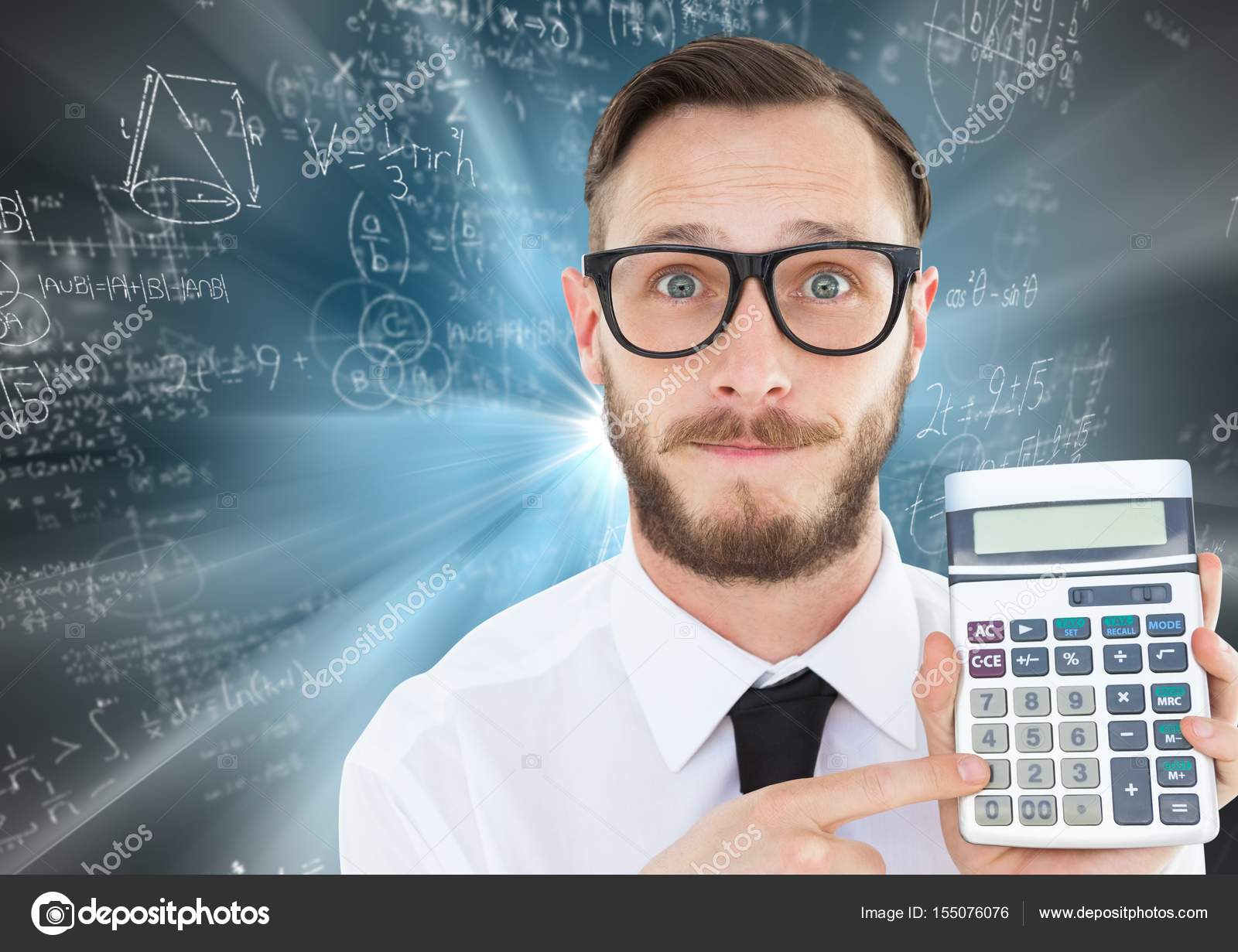 Man with calculator against blue motion blur with math doodles — Stock ...