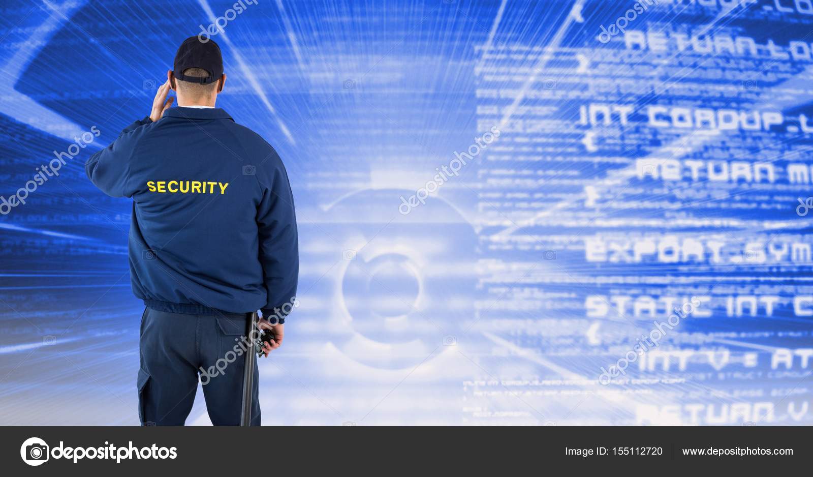 Rear view of security guard facing text background Stock Photo by ...