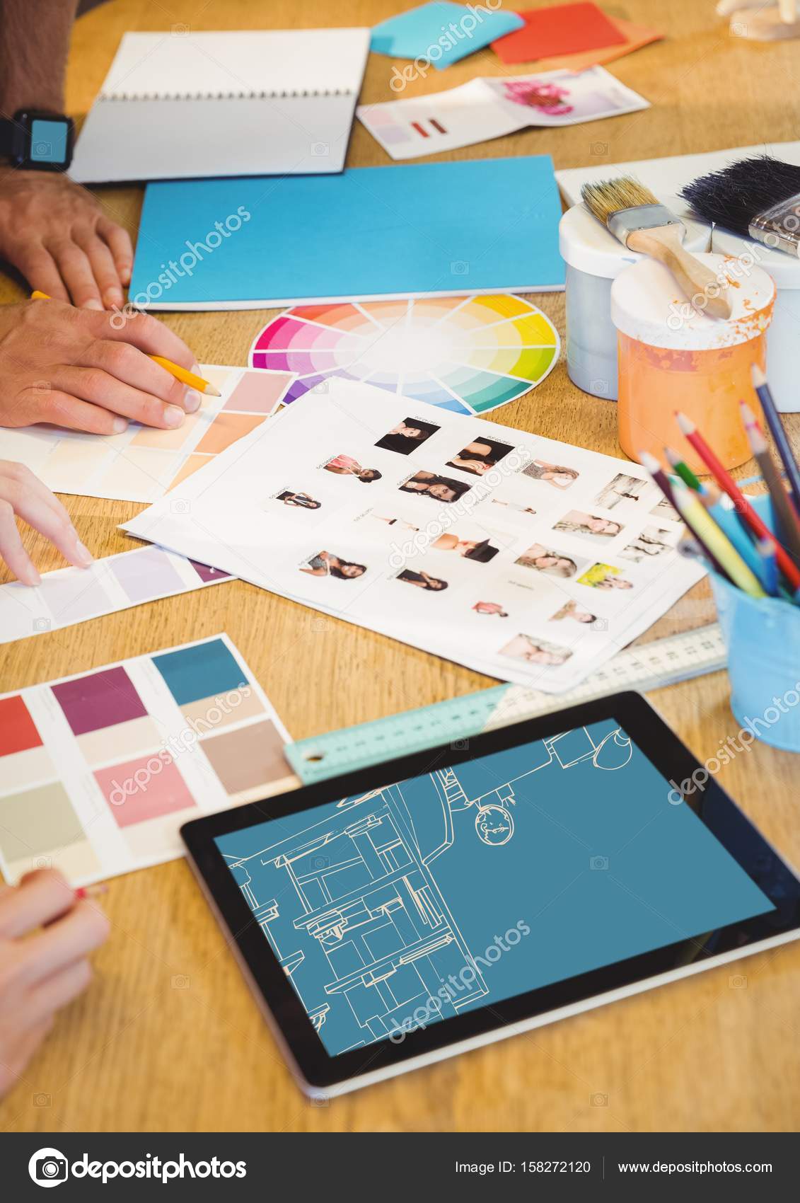 Digital Composite Desk Design Tools Tablet Office Lines Two Tone Stock ...