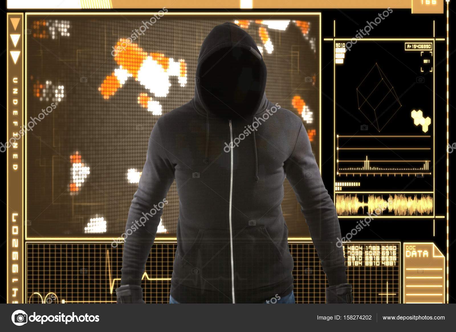 Masked hacker standing in front of an interface — Stock Photo ...
