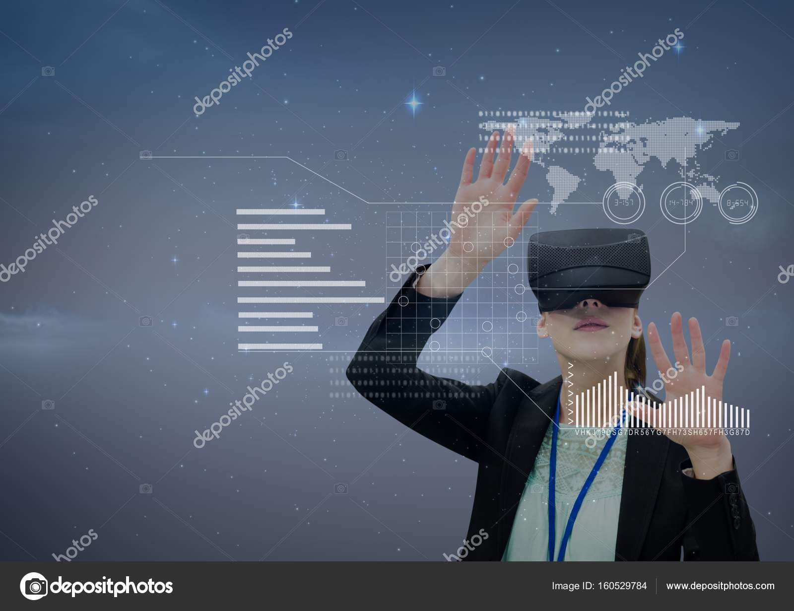 Woman in VR headset touching interface against purple background ...