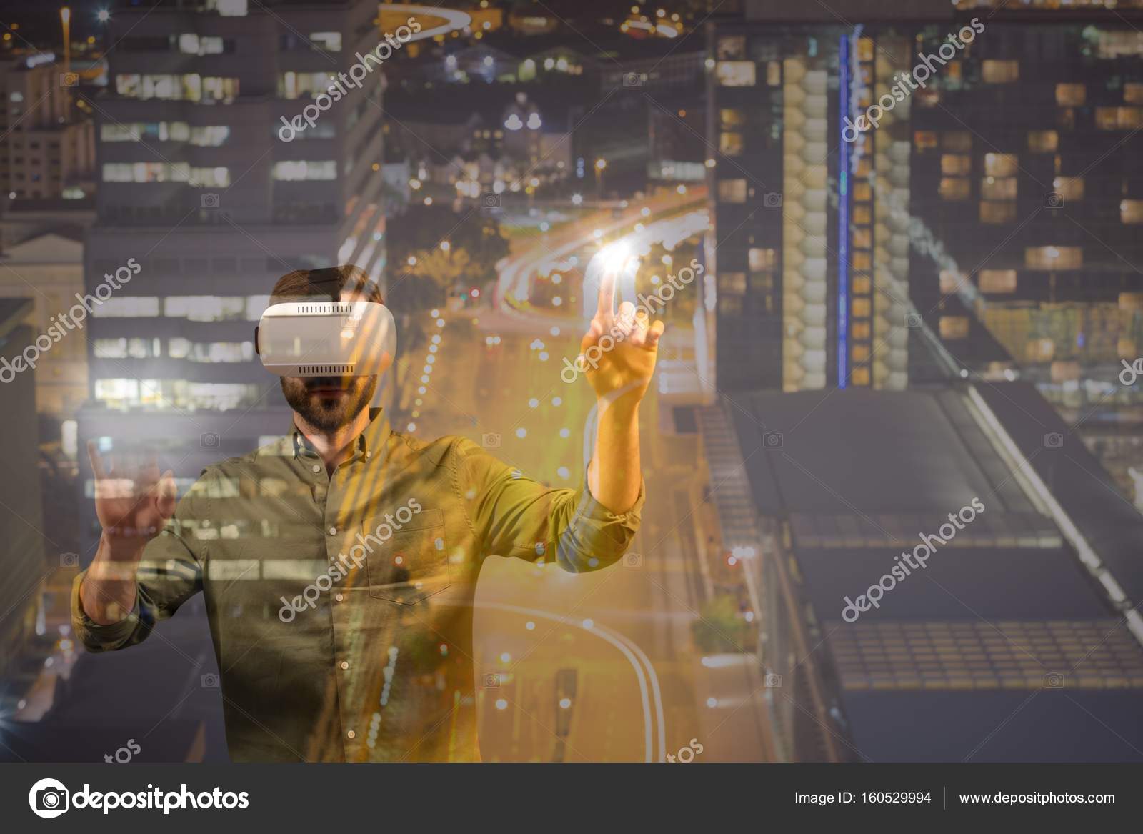 Man in VR headset touching flares against city background — Stock Photo ...