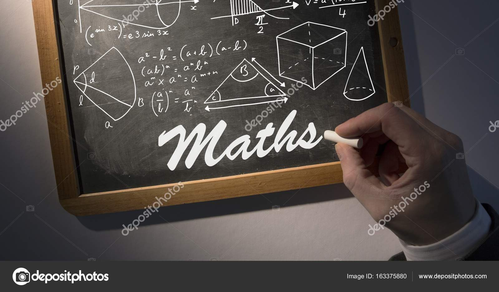 Hand writing maths and diagrams on blackboard — Stock Photo ...