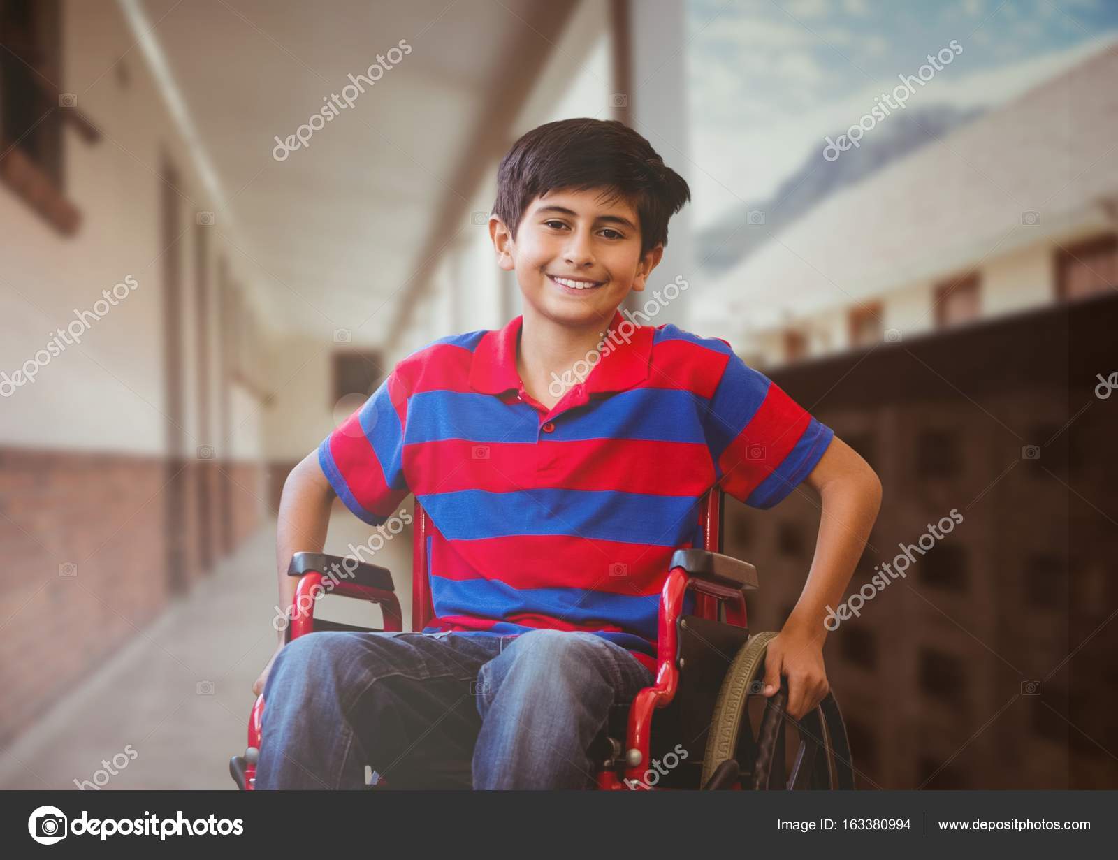Disabled boy in wheelchair in corridor — Stock Photo © vectorfusionart ...