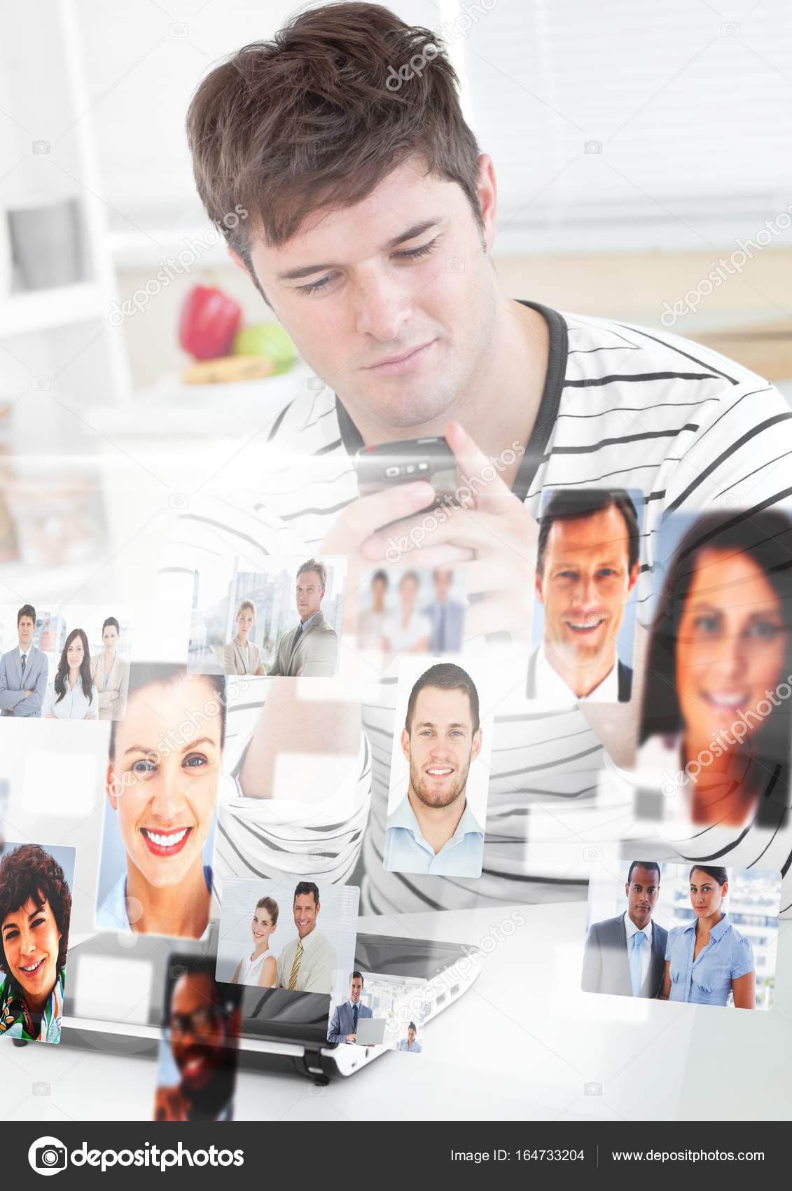 Man holding phone with Profile portraits of people contacts Stock Photo ...