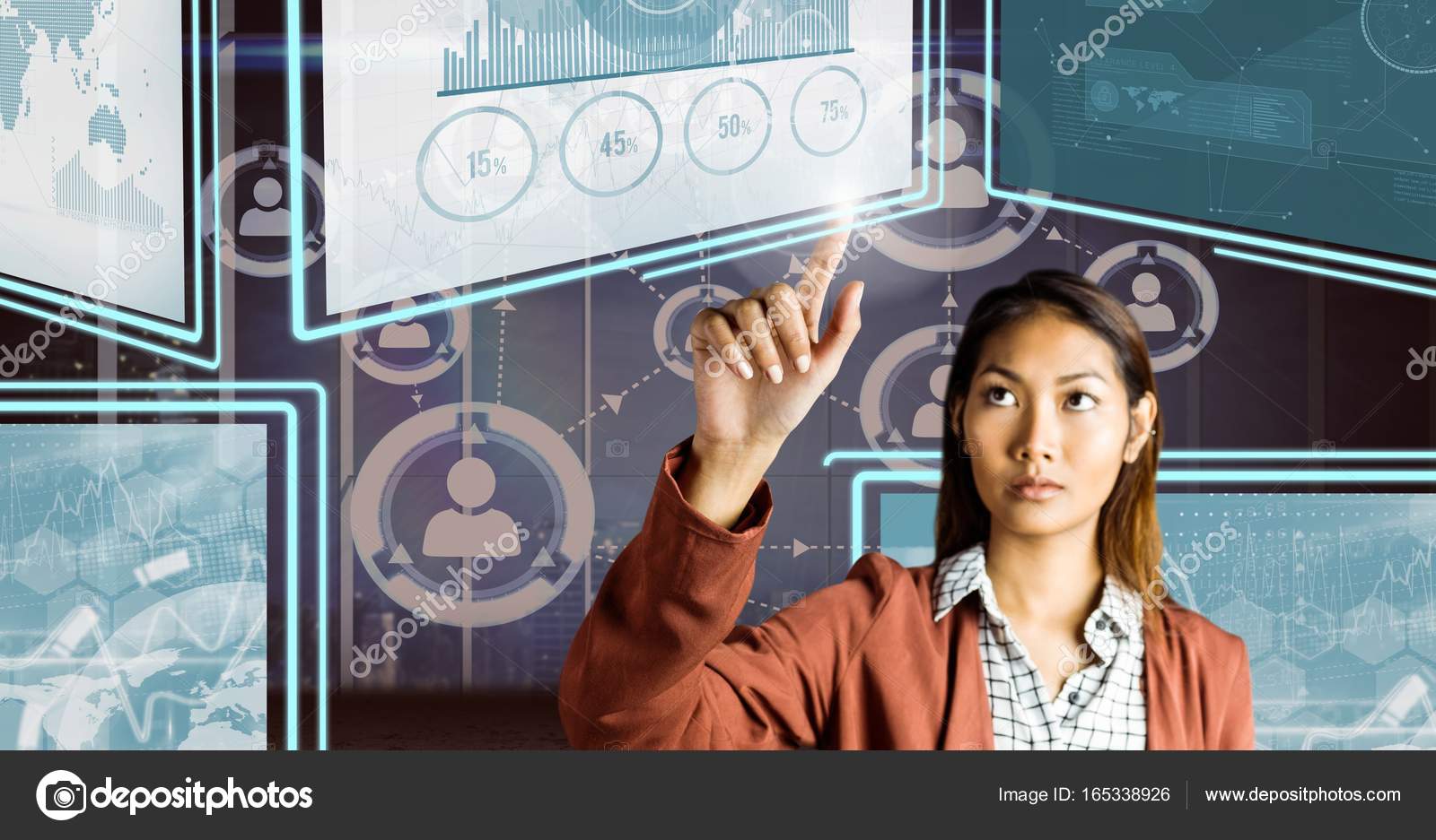 Woman interacting with technology interface panels Stock Photo by ...