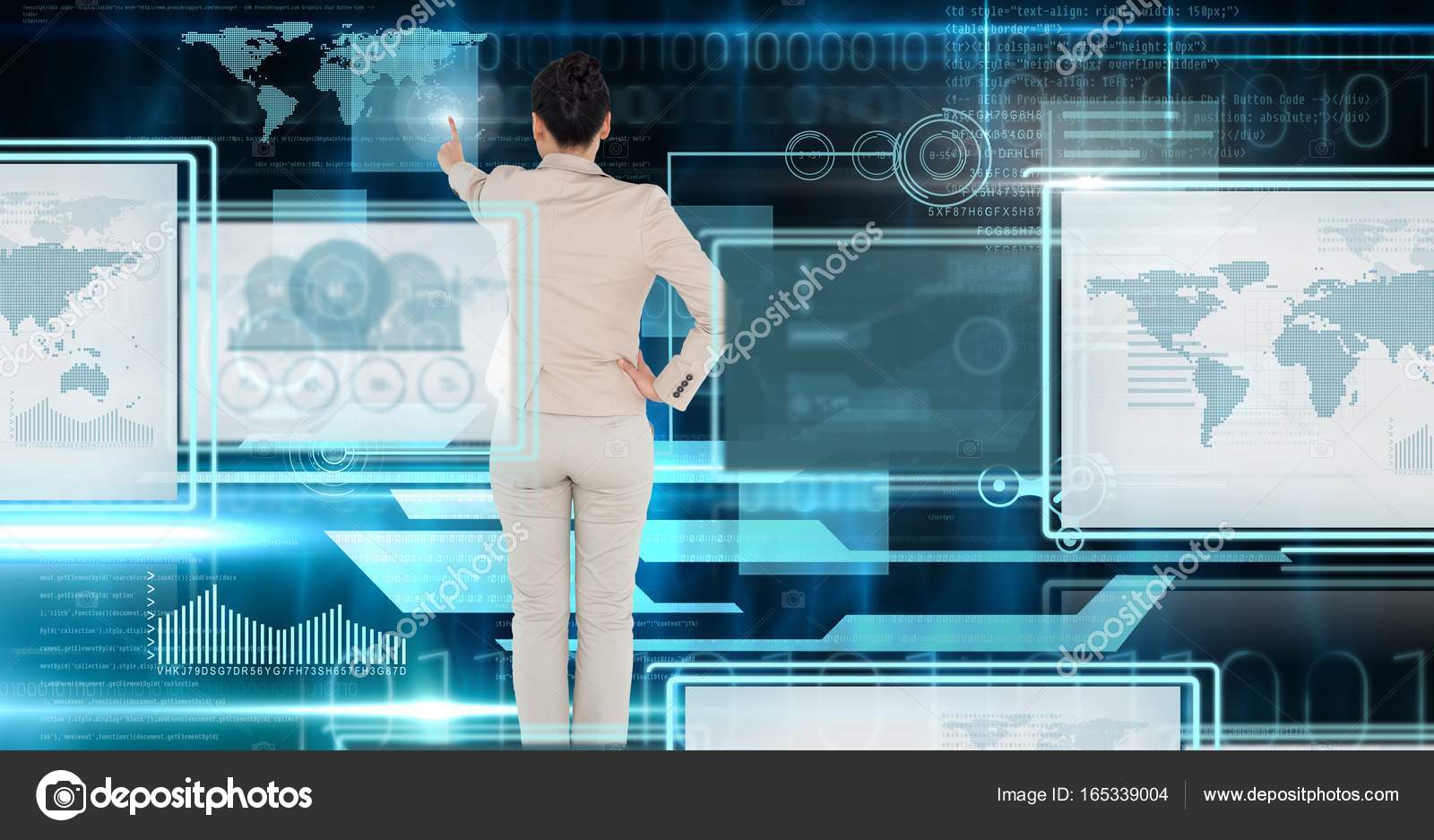 Businesswoman interacting with technology interface panels — Stock ...