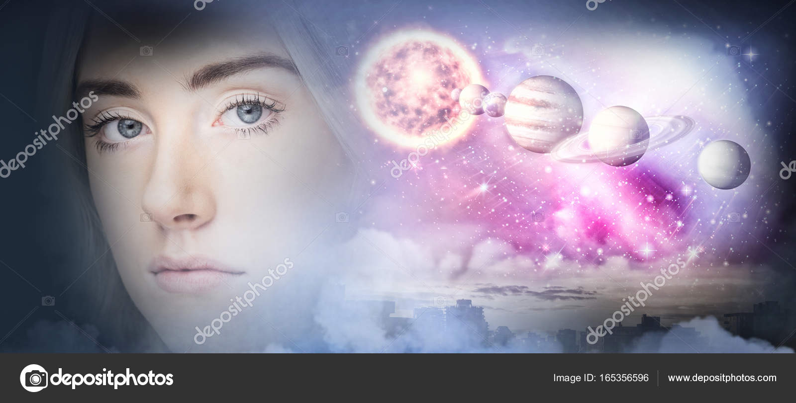 Woman face against solar system — Stock Photo © vectorfusionart #165356596