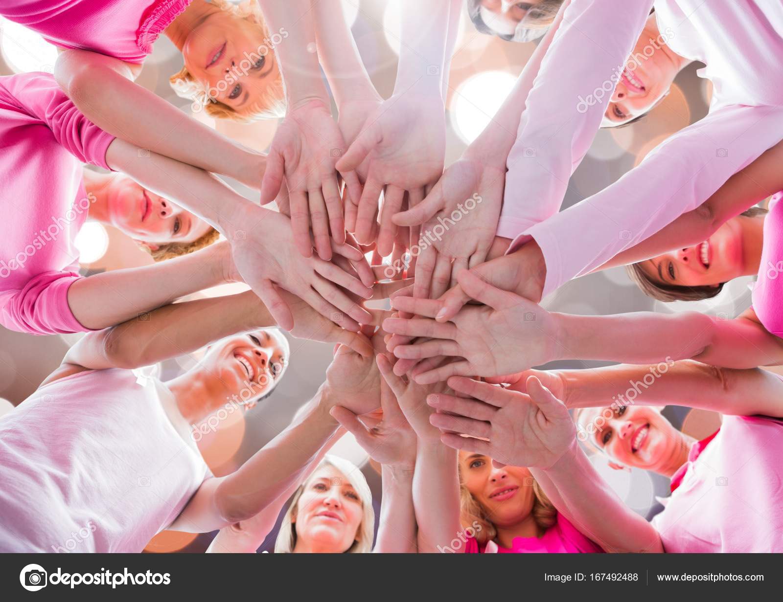 Hands together in circle with bright lights — Stock Photo ...