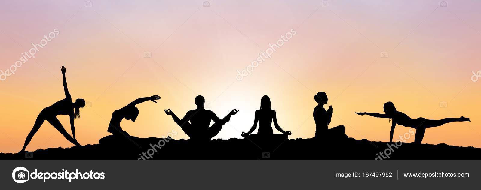 Yoga group silhouette at sunset Stock Photo by ©vectorfusionart 167497952
