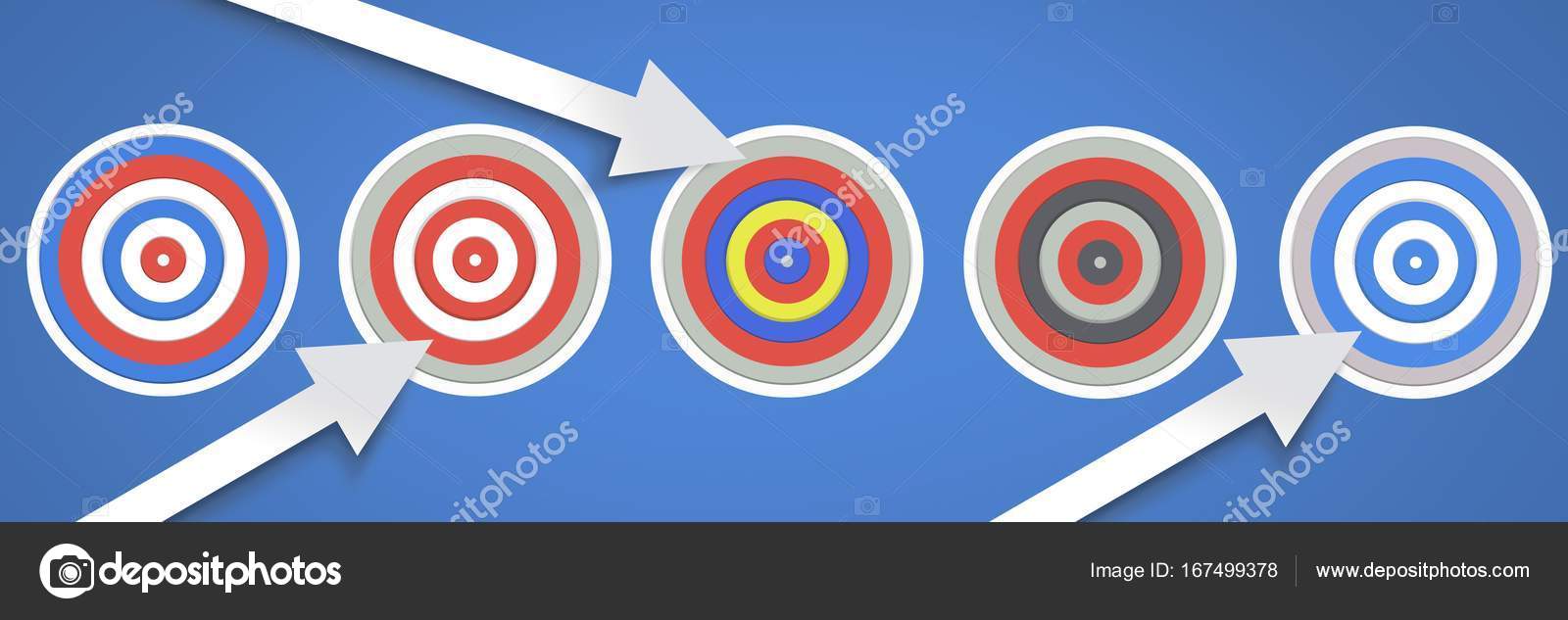 Row of five Targets with arrows — Stock Photo © vectorfusionart #167499378