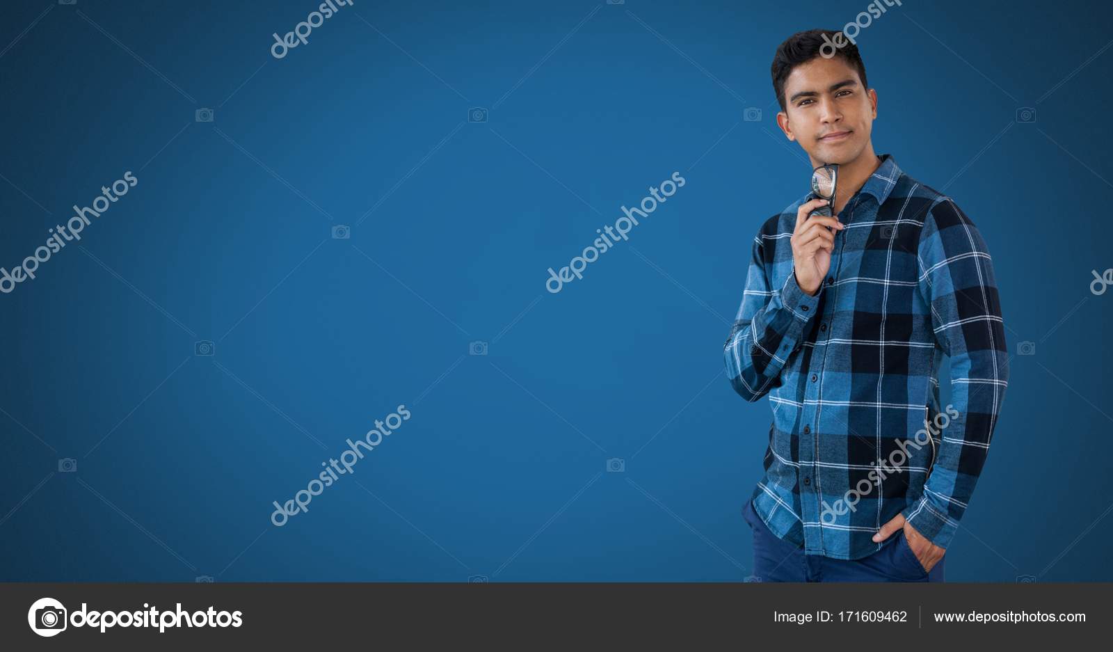 Businessman thinking with blue background — Stock Photo ...