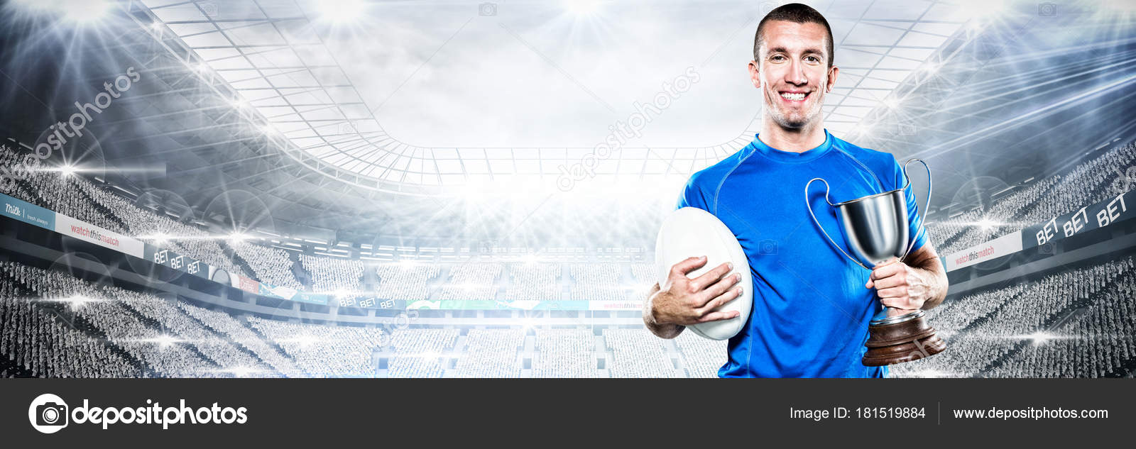 Portrait Smiling Rugby Player Holding Trophy Ball Stadium Sky — Stock ...