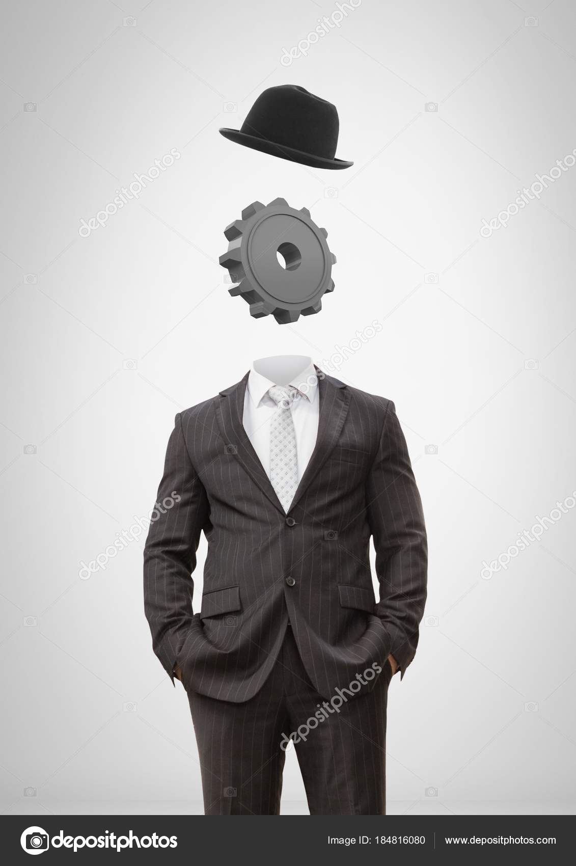 Digital Composite Headless Man Surreal Floating Hat Cog Gear Stock ...