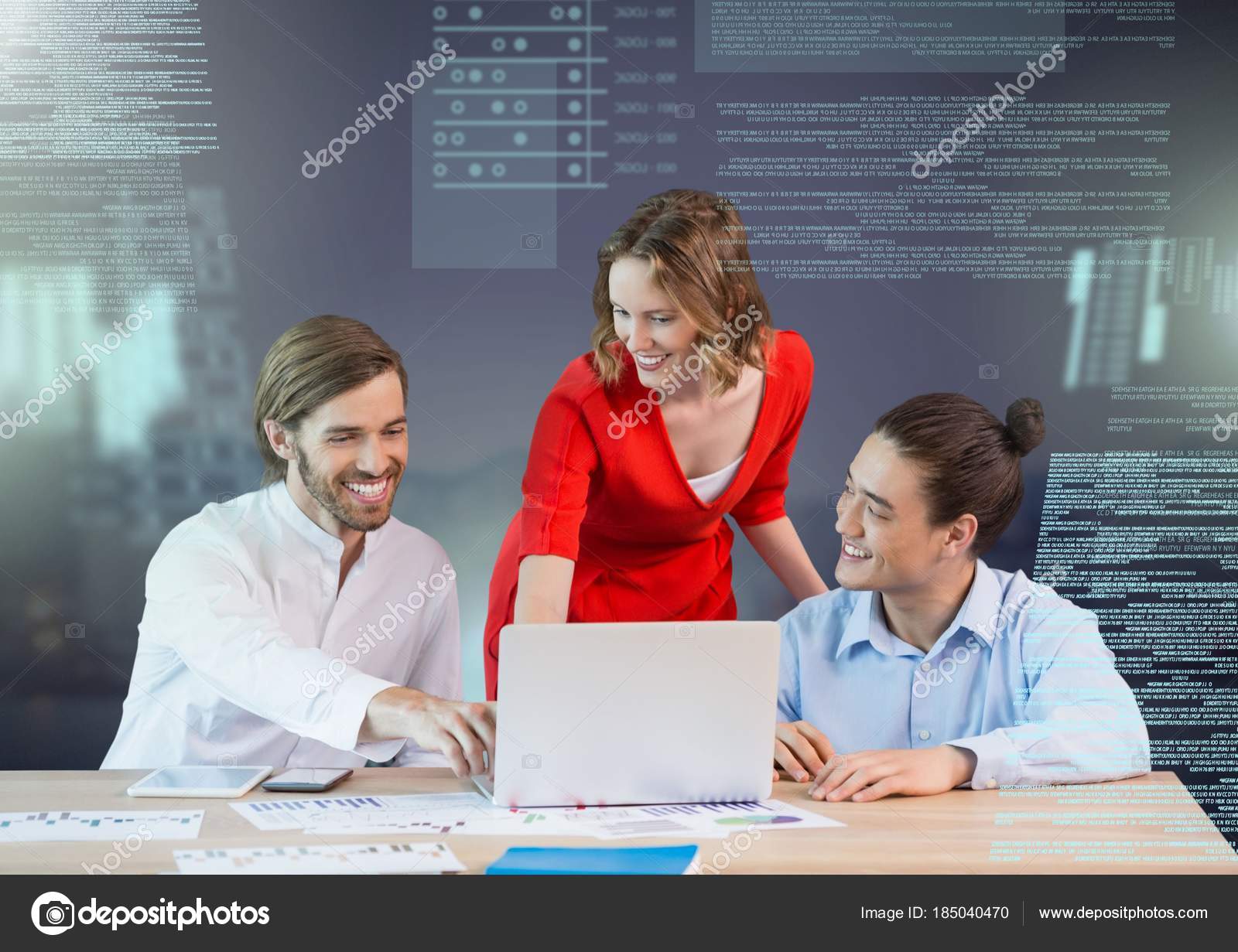 Digital Composite Business People Working Laptop Screen Text Interface ...