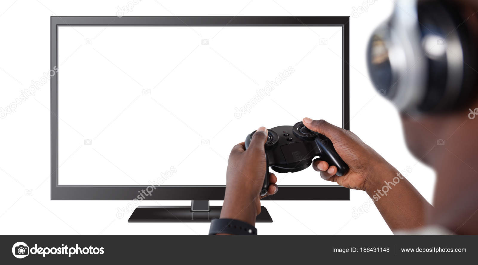 Man Playing Video Game White Background Close Blank Computer Monitor ...