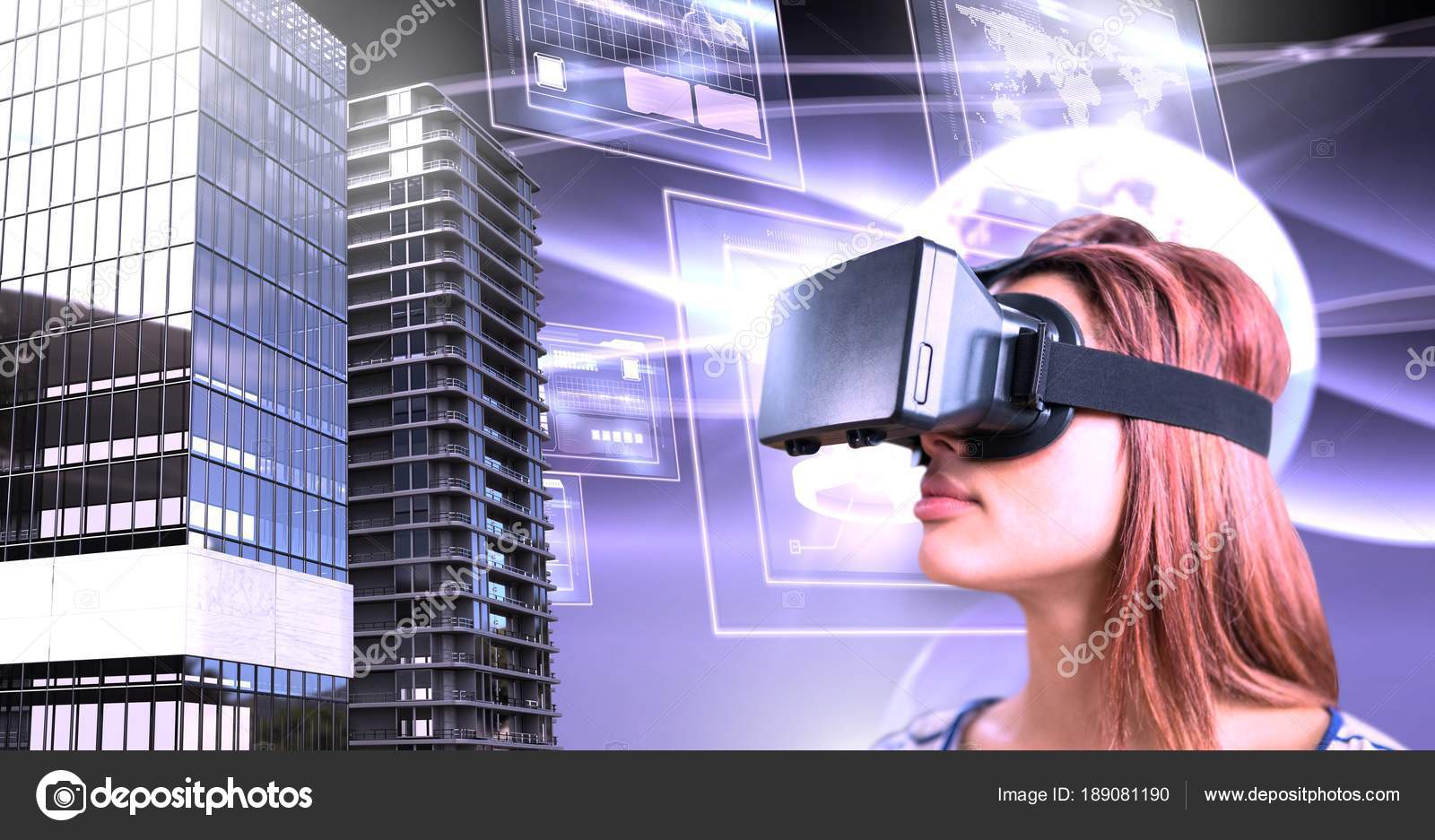 Digital Composite Woman Wearing Virtual Reality Headset Tall Buildings ...