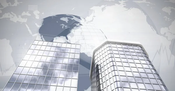 Digital composite of Tall buildings with world map - Stock Image ...