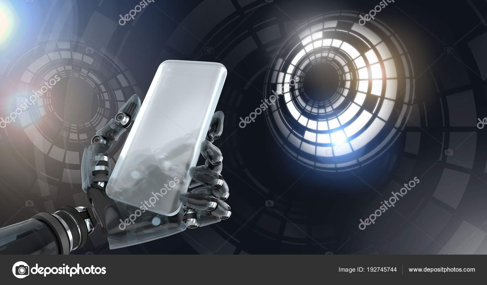 Digital Composite Robotic Android Hand Holding Phone Glowing Circle ...