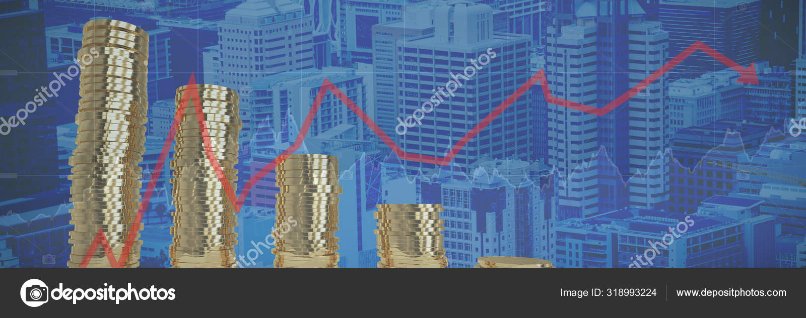 Red Line Graph View Crowded Cityscape Coins — Stock Photo ...